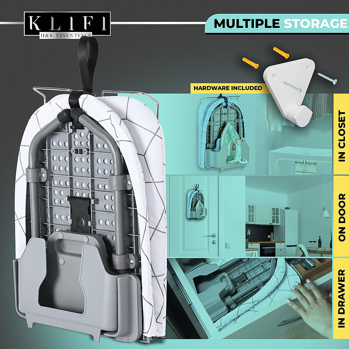 KLIFI Small Ironing Board Hanger Wall Mount Table Top Iron Board with Adjustable Legs Foldable with Built-in Iron Rest, Ironing Cloth Compact and Lightweight - Grey