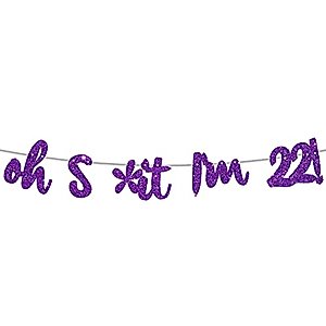 Oh S*it I’m 22! Banner Backdrop Glitter Purple Hello 22 Cheers to 22 Years Old Theme Decorations Decor for Man Woman Happy 22nd Birthday Party Supplies Photo Studio Prop Favors