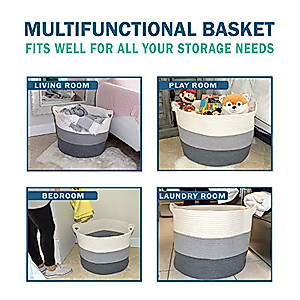 Nunus Home, Jumbo Woven Cotton Rope Basket (22"x22"x16") Blanket Basket, Blanket storage, Large Baskets for Blankets, Blanket Basket Living Room, Storage basket, Baskets for Organizing, Grey 3 shades