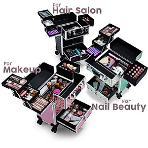 Rolling Makeup Case with Drawer Cosmetology Case on Wheels Makeup Trolley Sliding Drawer Makeup Travel Case for Esthetician, Mobile Stylist, Manicurist Barber Case Traveling Cart Trunk Glitter Pink