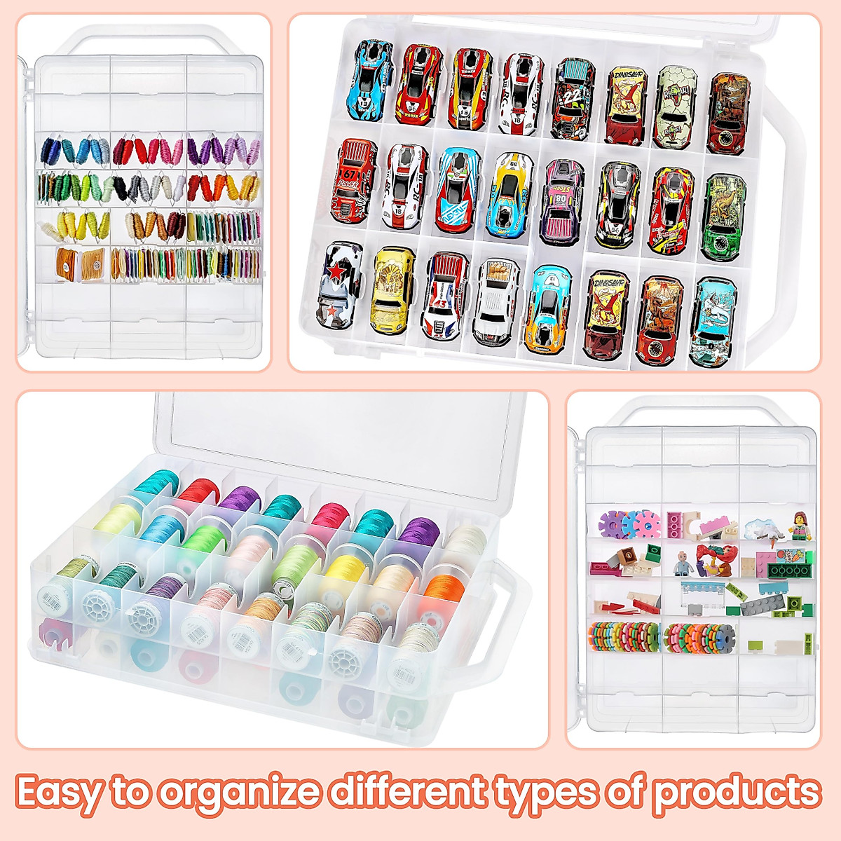 New brothread Pack of 2 Double-Sided Sewing Organizers, Thread Storage Boxes with 2x46 Grids, Clear Organizer Boxes for Embroidery Sewing Thread, Embroidery Floss, Needle, Beads, Small Crafts,Toy Cars