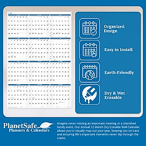 PlanetSafe Calendars 2024 Annual 12-Month Horizontal Sky Blue Wet & Dry-Erasable Wall Calendar - Yearly Planner - Large Wall Calendars - Great for Home, Office, and Classroom - 24" tall x 36" wide BN