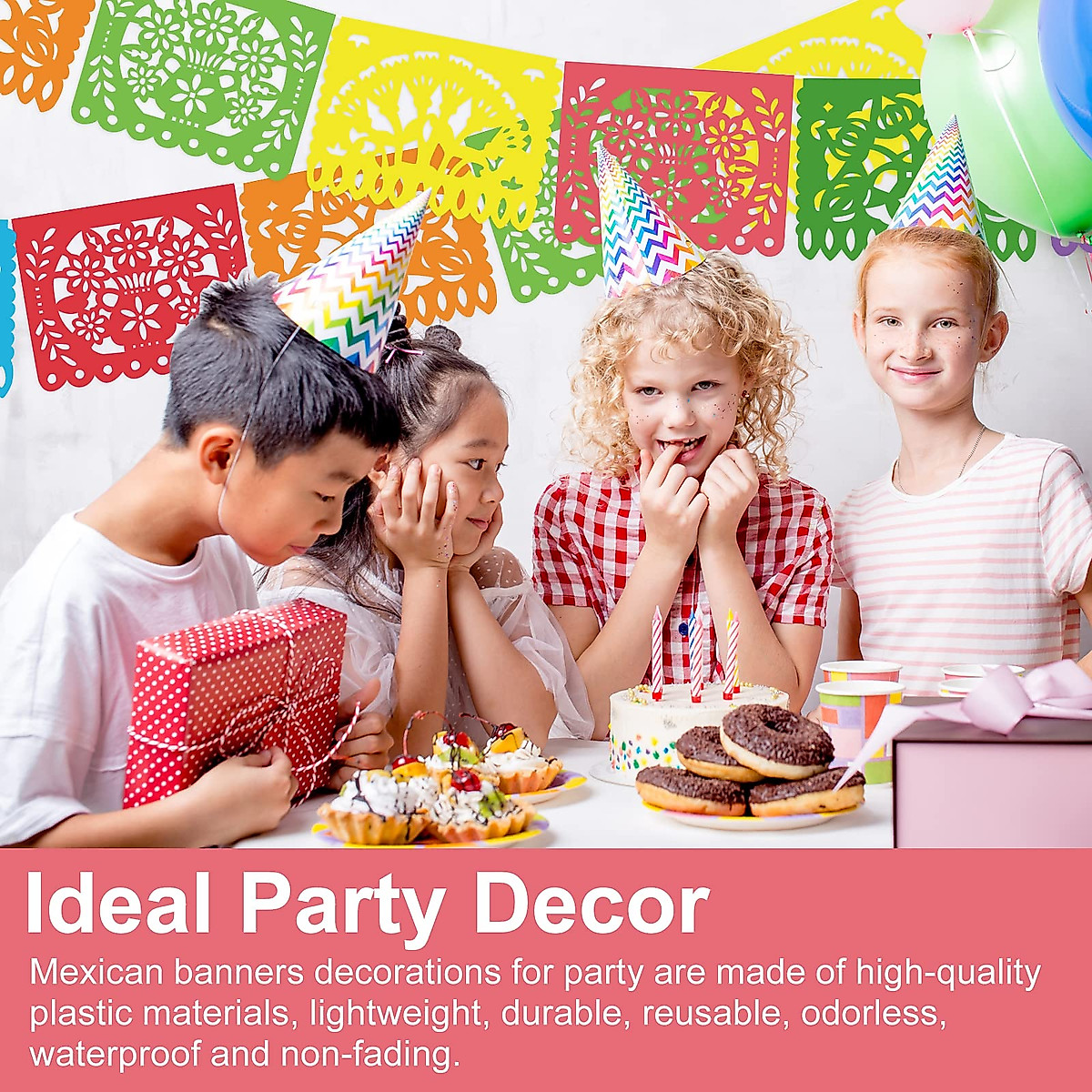 RUBFAC 2pcs Mexican Party Banner, 32 Feet Plastic Fiesta Banner Cinco de Mayo Dia De Los Muertos Decor Day of The Dead Papel Picado Decorations Mexican Fiesta Garland for Mexican Party Supplies