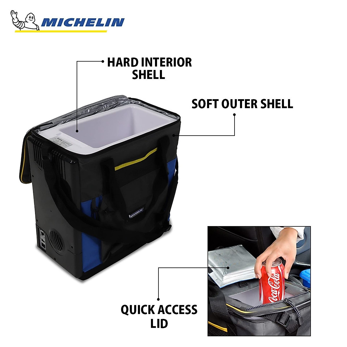 Michelin Electric Portable Cooler Plug in 12V Car Cooler/Warmer, 15 qt (14 L), Portable Car Fridge w/USB Charging Port,w/DC Power Cord, Shoulder Strap, Cord Storage, Travel Fishing Trucking Road Trip