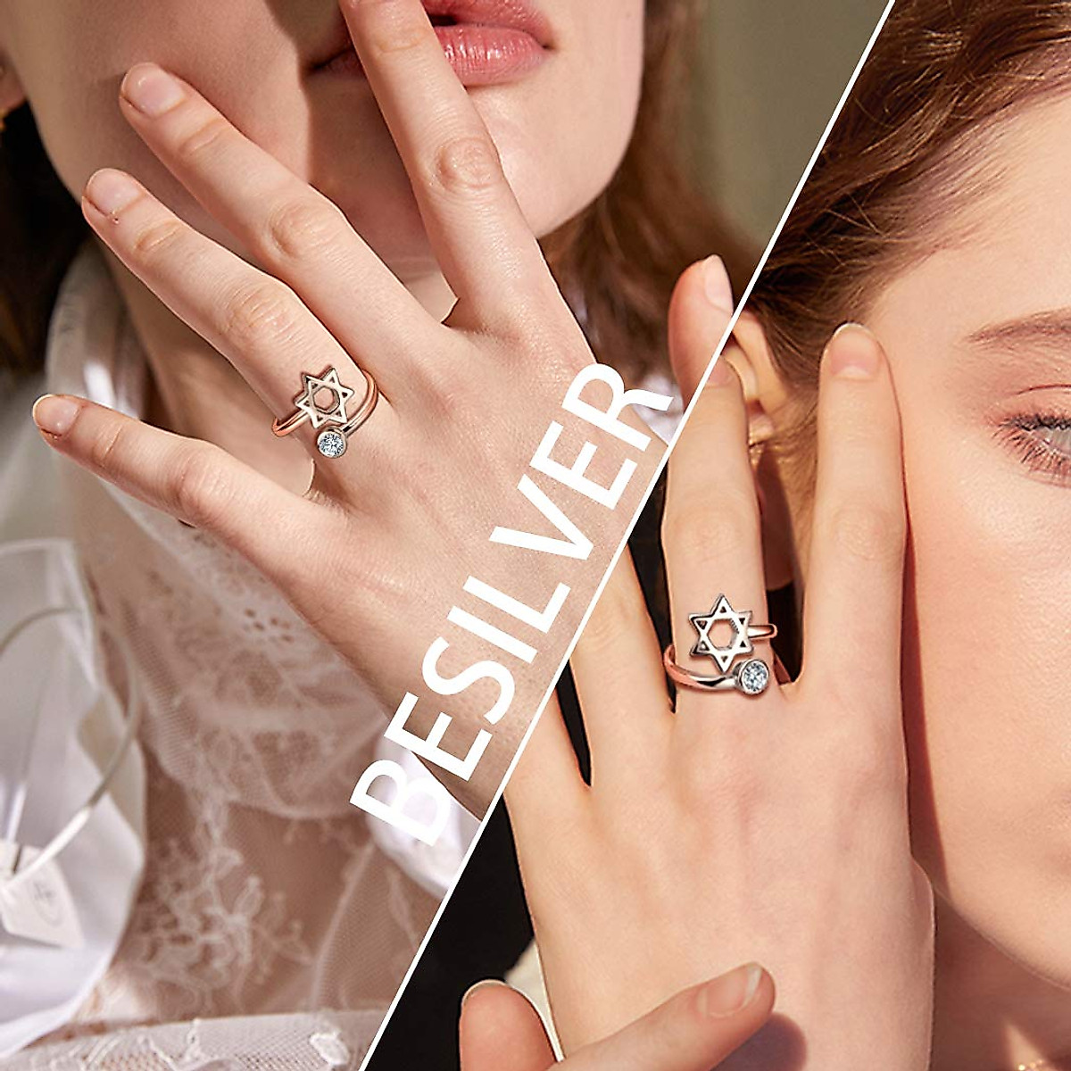 Star of David Ring Adjustable Women Men 925 Sterling Silver Magen David Star Round Zircon Solitaire Ring Judaic Star Of David Jewelry Gift for Mom Wife FR0020W