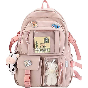 Stylifeo Kawaii Backpack with Cute Cow Plush Cute Pin Accessories Large Capacity Aesthetic School Bags Cute Bookbag for Girls Teen (Pink)