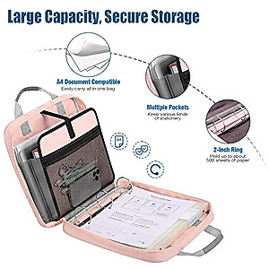 MoKo Zipper Binder, 3 Ring 2 inch Binder with Zipper,500 Sheet Capacity Multi-Pocket School Binder for Middle School, Handle and Shoulder Strap Included, Pink & Gray