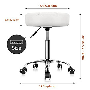 KKTONER Round Rolling Stool Chair PU Leather Height Adjustable Shop Stool Swivel Drafting Work SPA Salon Stools with Wheels Office Chair (White)