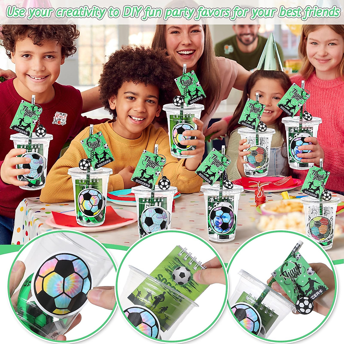 Colarr 195 Pcs Soccer Birthday Gifts Party Favors Gift Cups Pencils Mini Book Keychains Wristbands Stickers Thank You Cards Eraser Sharpener Mini Ball for Basketball Football Soccer Party