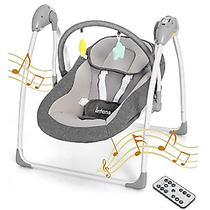 INFANS Baby Swing for Infants, Compact Portable Baby Electric Rocker for Newborn with 5 Speed Natural Sway Music Timing 2 Toys Remote Control, Easy Fold, 0-6 Months Boy Girl