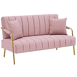 60" Contemporary Loveseat Sofa with 2 Pillows Modern Upholstered Twin Size Small Loveseat Couch Accent Sofa for Small Spaces Cashmere Sofa Couch with Golden Metal Legs for Bedroom Living Room (Pink)