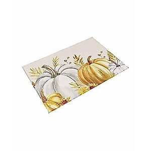 Fall Thanksgiving Outdoor Rug for Patio/Deck/Porch, Non-Slip Area Rug 6x9 Ft, Grey Orange Pumpkin Sunflower Botanical Rustic Indoor Outdoor Rugs Washable Area Rugs, Reversible Camping Rug Carpet