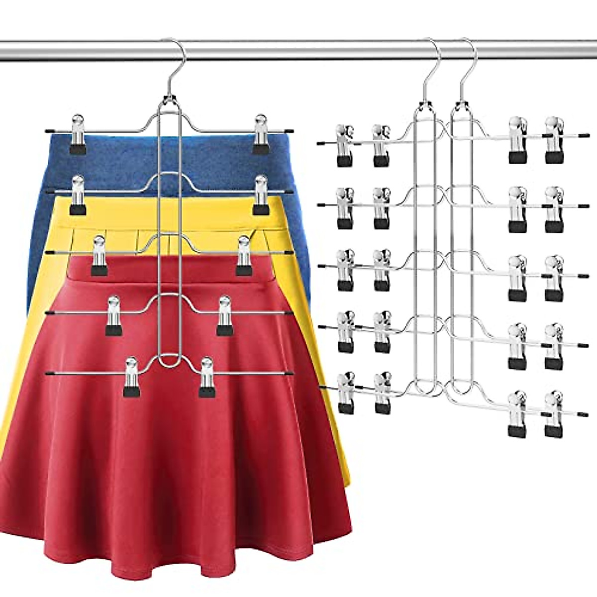 Pants Skirt Hangers Space Saving - DOIOWN Skirt Hangers for Women 5 Tier Pants Skirt Hangers with Clips Non Slip Metal Clothes Hangers for Jeans, Scarf, Shorts Closet Organizers and Storage 3 Pack