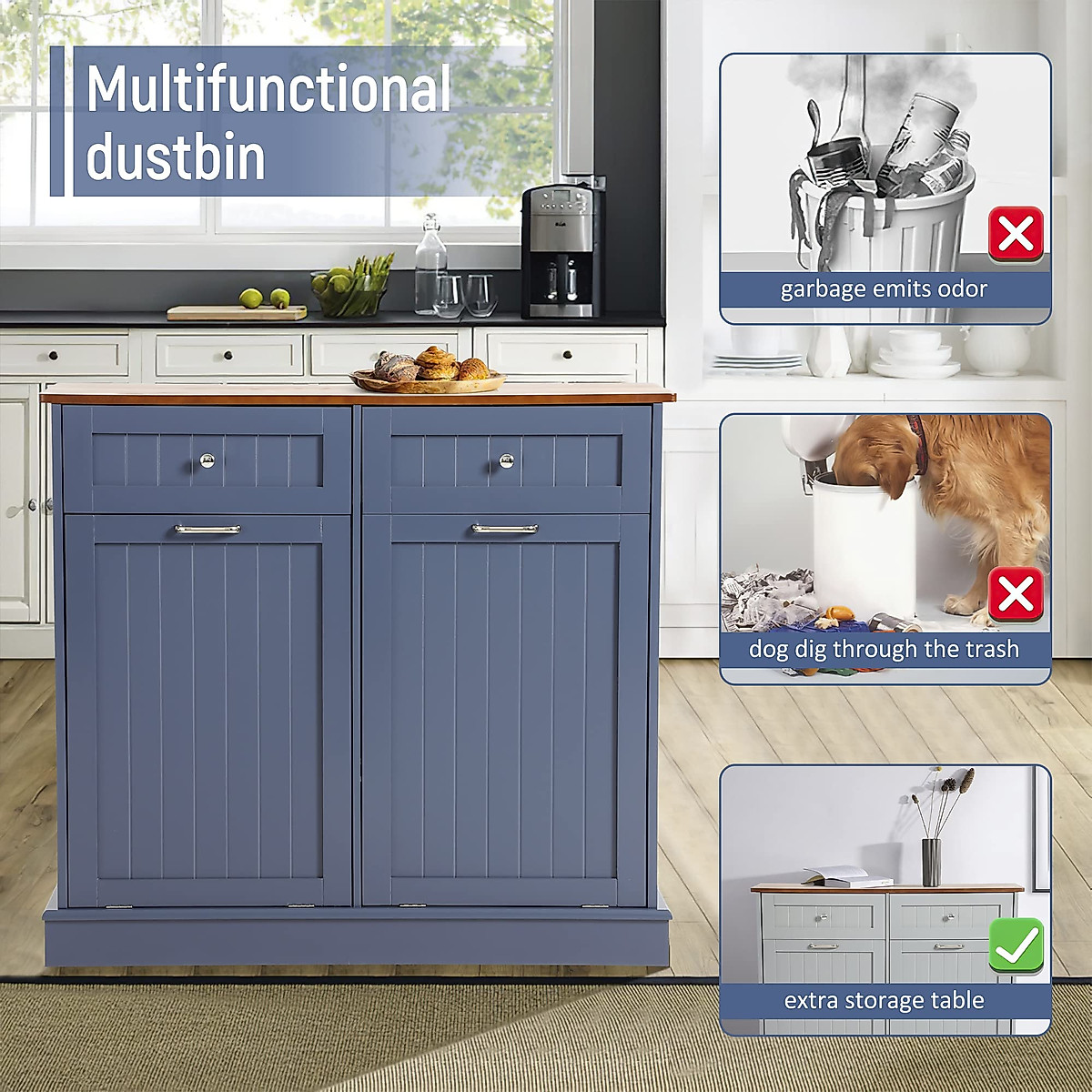 LOUVIXA Tilt Out Trash Can Cabinet with Double Hidden Trash Bin Holder, Kitchen Free Standing Recycling Cabinet,Dog Proof Trash Can,Wood, Blue