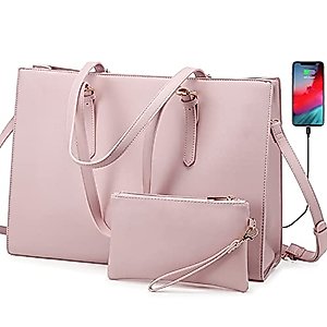 LOVEVOOK Laptop Bag for Women, Fashion Computer Tote Bag Large Capacity Handbag, Leather Shoulder Bag Purse Set, Professional Business Work Briefcase for Office Lady, 2PCs, 15.6-Inch, Light Pink