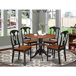 East West Furniture Dublin 5 Piece Room Furniture Set Includes a Round Dining Table with Dropleaf and 4 Wood Seat Chairs, 42x42 Inch, Black & Cherry