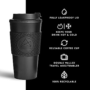 Neon Kactus - Double-Walled Coffee Cup, Reusable Coffee Cup with Resealable Lid, Food-Grade Silicone Seal and Sleeve, Insulated Coffee Tumbler, Leakproof Travel Mug, Recyclable, Rock Star, 16oz