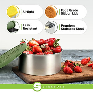 Stelboss Stainless Steel Containers with Lids Set of 5 - Reusable Airtight Stainless Steel Lunch Container - Leak Proof with 5 Sizes 32oz, 21oz, 13oz, 6oz & 3oz - Perfect for Meal Prep and Storage