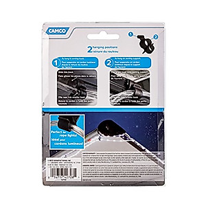 Camco Black Standard Awning Clip for Rope Light - Slides into Awning Roller Bar Channel to Create a Convenient Hook | Two Hanging Positions | Holds Party Lights, RV Lights, String Lights - (42708)