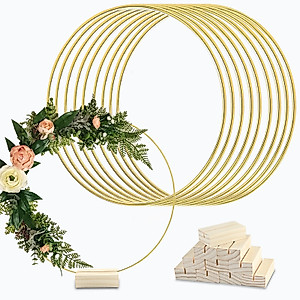 10Pcs 12 Inch Metal Floral Hoop Centerpiece Table Decorations, Gold Wreath Macrame Hoop Rings with 10Pcs Wooden Place Card Holders for Craft Wedding Table Decor Home Party Decor