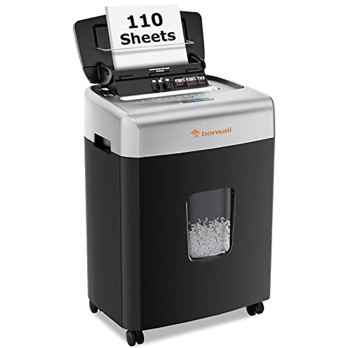 Bonsaii Paper Shredder for Office, 110-Sheet Autofeed & 12-Sheet Manual Micro Cut Heavy Duty Paper Shredder, P-4 Auto Feed Paper and Credit Card Shredder with 4 Casters, 6.1 Gal Transparent Bin C233-B