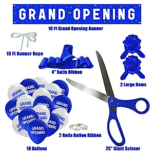 Grand Opening Blue Ribbon Cutting Ceremony Kit - 25" Giant Scissors with Blue Satin Ribbon, Banner, Balloons,Bows and More Supplies Grand Opening Decorations for Business