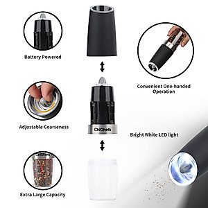 ChiChefs Gravity Electric Salt and Pepper Grinder Set, Automatic Salt and Pepper Mill Grinder, Battery Operated with White LED Light, Adjustable Coarseness, One Handed Operation, Stainless Steel