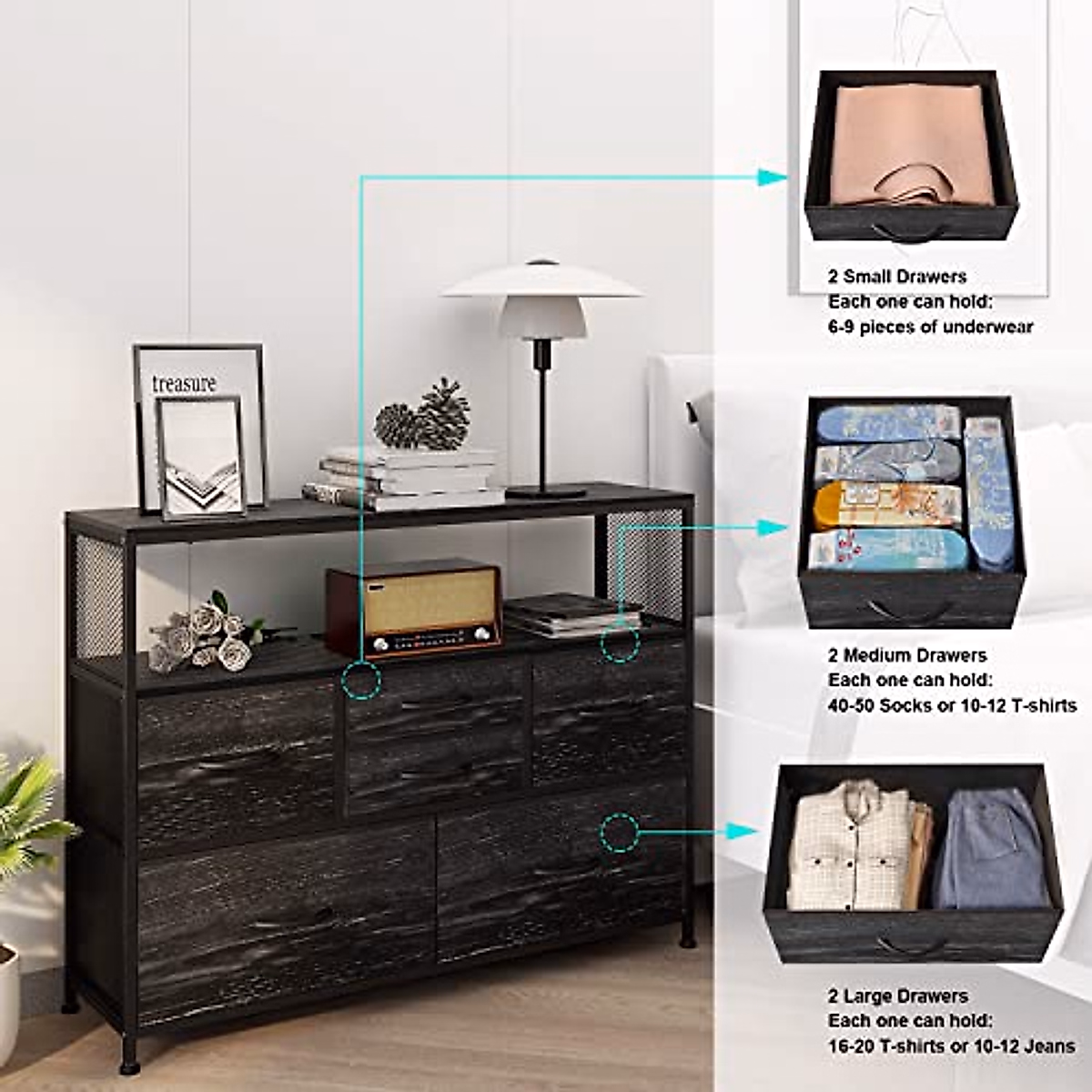 Simoretus TV Stand with Power Outlet and Fabric Drawers Entertainment Center for TV up to 45 inch Industrial Open Storage Shelf Media Console Dresser for Living Room Bedroom Charcoal Black