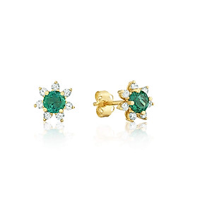 MAX + STONE 14k Yellow Gold Created Green Emerald and Diamond Flower Halo Stud Earrings for Women with Push Backs 4mm May Birthstone