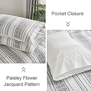 MOVE OVER Gray Jacquard Comforter Set Boho Comforter Set Queen 300TC 100% Yarn Dyed Cotton Bohemian Paisley Flower Design Boho Textured Stripes Jacquard Tufted Comforter Set