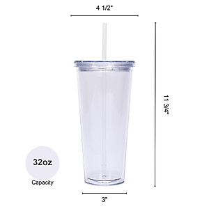 Zephyr Canyon 32oz Double Wall Plastic Tumblers with Lids and Straws | Extra Large Classic Travel Tumbler | 2 Pack Set of 2 | Clear Reusable Cups with Straws | BPA Free