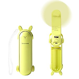 YOHINSIZ Personal Handheld Mini Fan, Portable Fan With Power Bank And Flashlight, 4 IN 1 USB Rechargeable Small Fan, Battery Operated Hand Fan For Travel, Outdoor, Indoor (Yellow)
