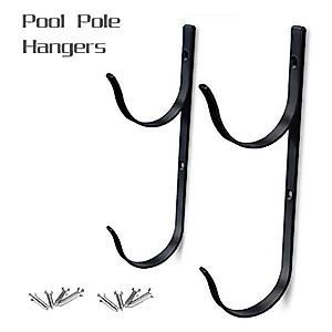 2 Pcs Set Pool Pole Hangers Heavy Duty Black Aluminium Holder with Screws Perfect Hooks for Swimming Pool Telescopic Poles Skimmers Nets Brushes Vacuum Hose Garden Equipment Outdoor Supplies