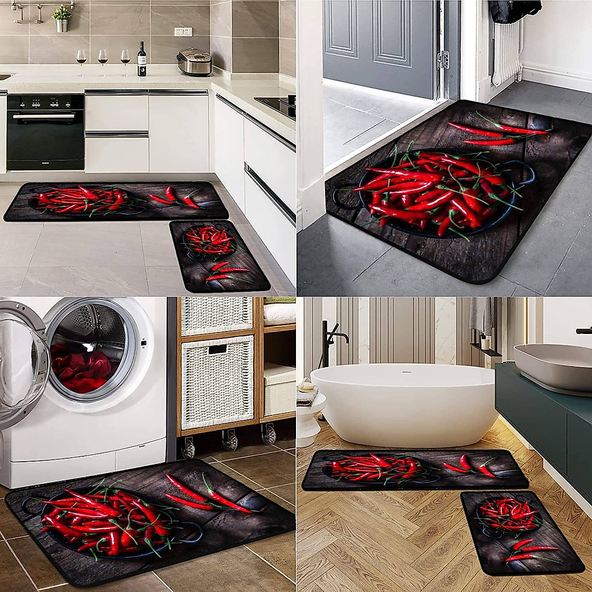Kitchen Rugs Set Red Chili Peppers Shot from Above on Rustic Wooden Table Kitchen Mat for Floor Non-Slip Washable Kitchen Runner Doormat Bath Rug Carpet Comfort Standing Mats Decorations