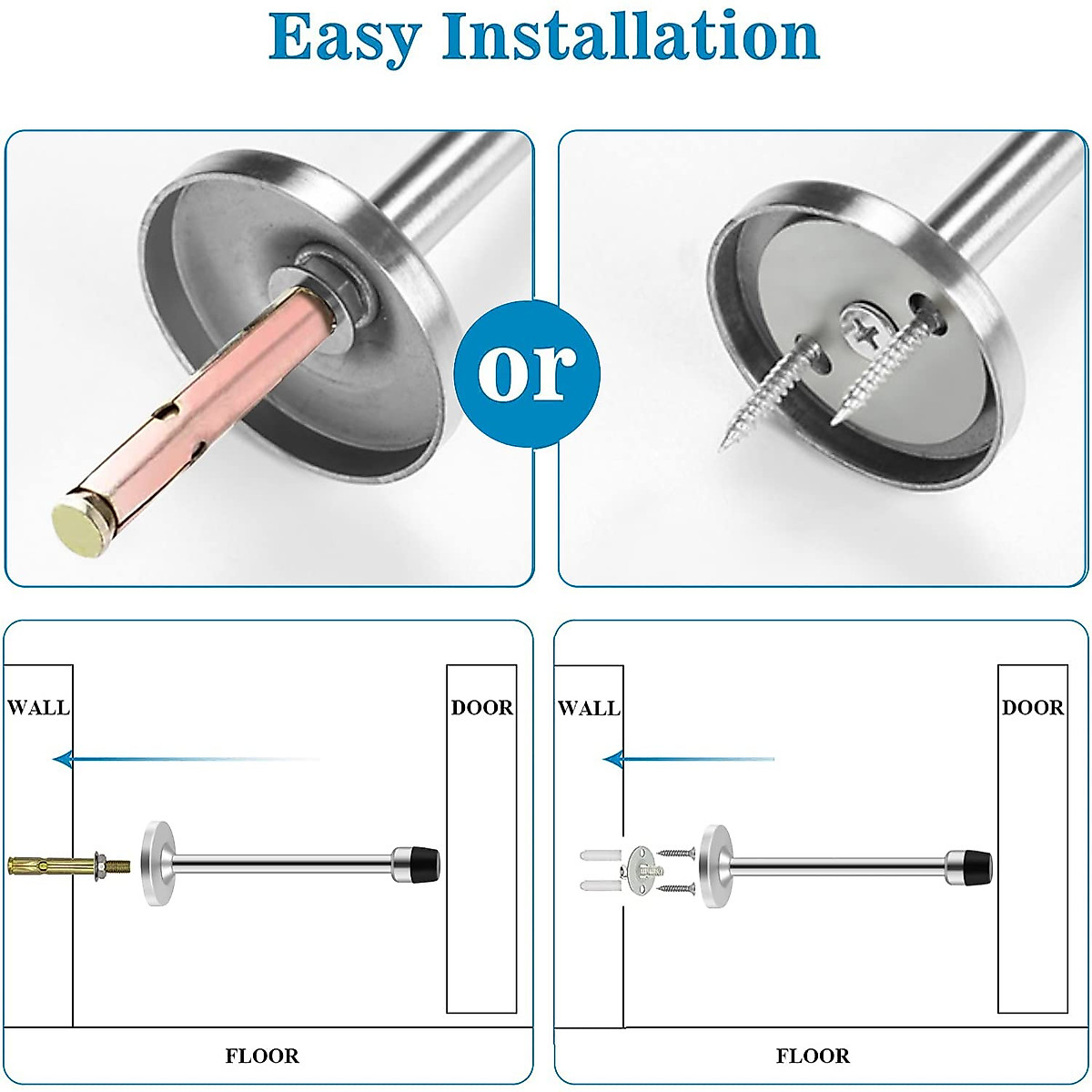 Door Stoppers 6 inch Door Stops Heavy Duty RustProof Stainless Steel Screw-in Door Holder with BabyProof Black Rubber Bumper Tips - Protects Your Walls - Long Door Stop Silver 1 Pack