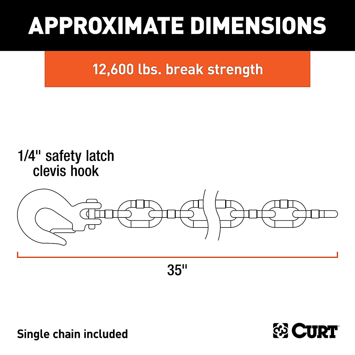 CURT 80303 35-Inch Trailer Safety Chain with 1/4-In Clevis Snap Hook, 12,600 lbs Break Strength