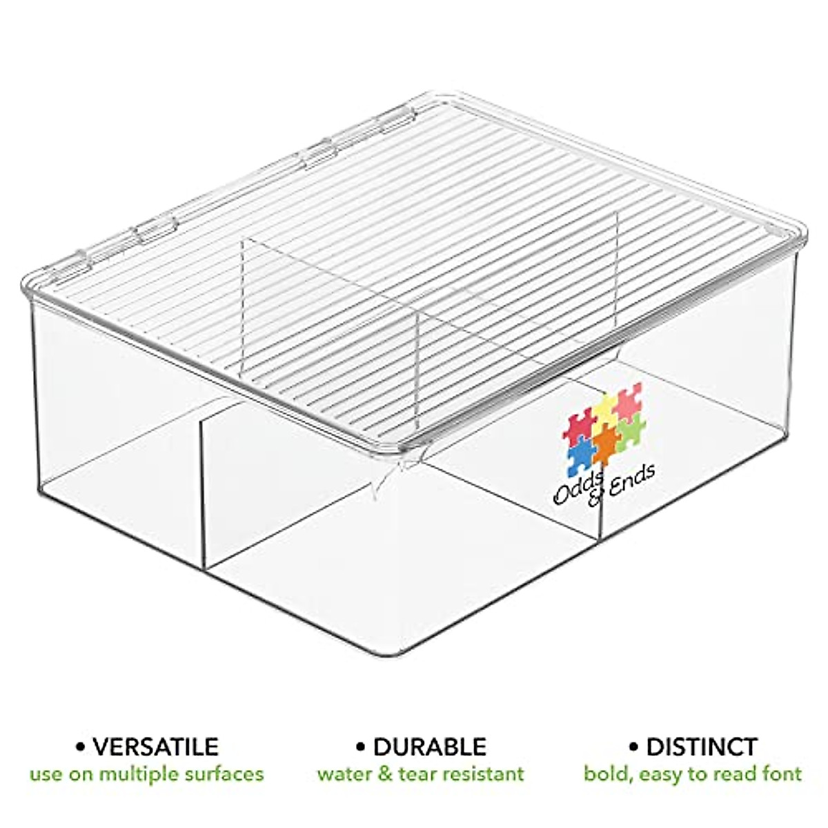mDesign Plastic Stackable Toy Storage Bin with Hinged Lid, 4 Divided Compartments for Organizing Playroom, Kids' Room - Container for Small Toys, Craft and School Supplies + 24 Labels - 4 Pack - Clear