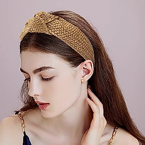 Jseng 4PC Handmade Raffia Boho Top Knot Knotted Headbands, Rattan Woven No Slip Summer Beach Headbands for Women