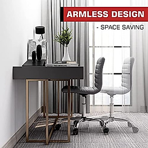 HOMEFLA PU Leather Office Armless-Computer Swivel Rolling Task Home Low Back Makeup Ribbed Desk Chair with Wheels for Bedroom Conference Reception Room (Grey, Retro)