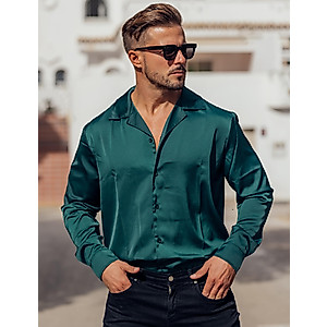 COOFANDY Mens Dress Shirts Long Sleeve Satin Button Down Shirts Shiny Prom Party Shirts Lake Green