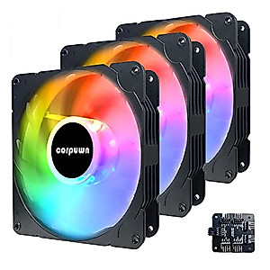 corpuwn 3 Pack 140mm ARGB Case Fans Nine-Blade High Airflow PWM Computer Cooling Fan Sealed Bearing 3-Pin Customizable LED Fans with Hub＆Rubber dampening