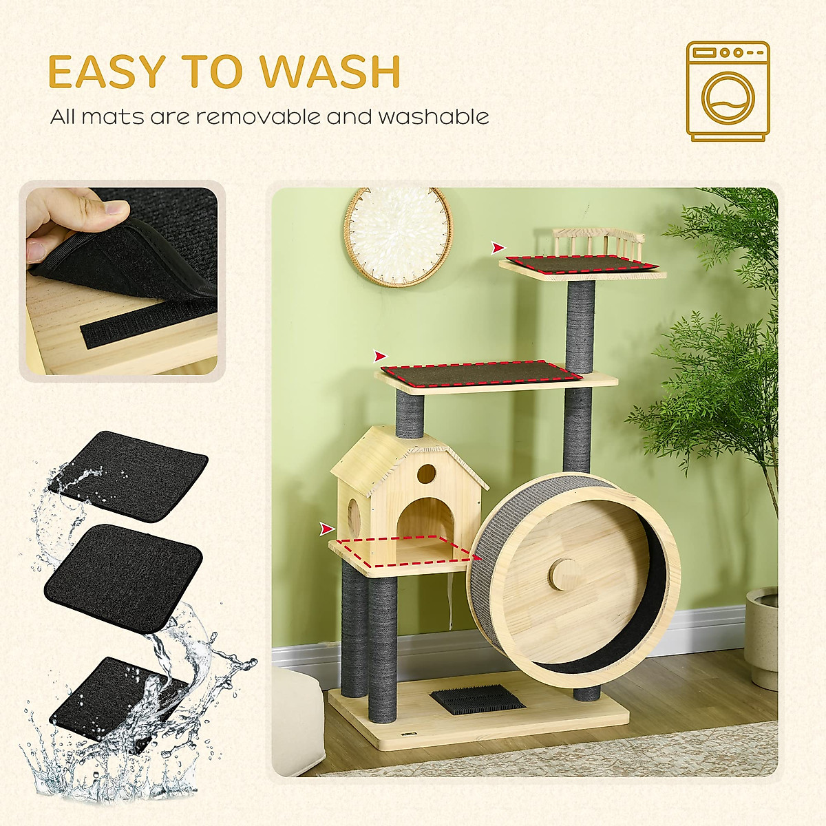 PawHut 56" Cat Tree Activity Condo Luxury Pine Wood with Hamster-Wheel, Sisal Scratching Posts, Elevated Perches, & Roomy Interior