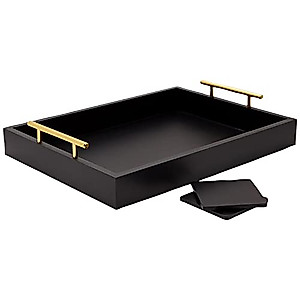 Black Serving Tray for Coffee Table, 16x12 with Coasters, Decorative Interchangeable Gold andSilver Handles