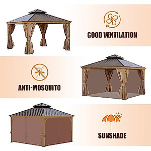 12x12FT Outdoor Gazebo with Double-tiered Roof and Curtains, Permanent Hardtop Pergola with Steel Canopy, Pavilion Gazebo with Metal Nets and Drainage Ditch Design for All Seasons, Backyard, Bronze