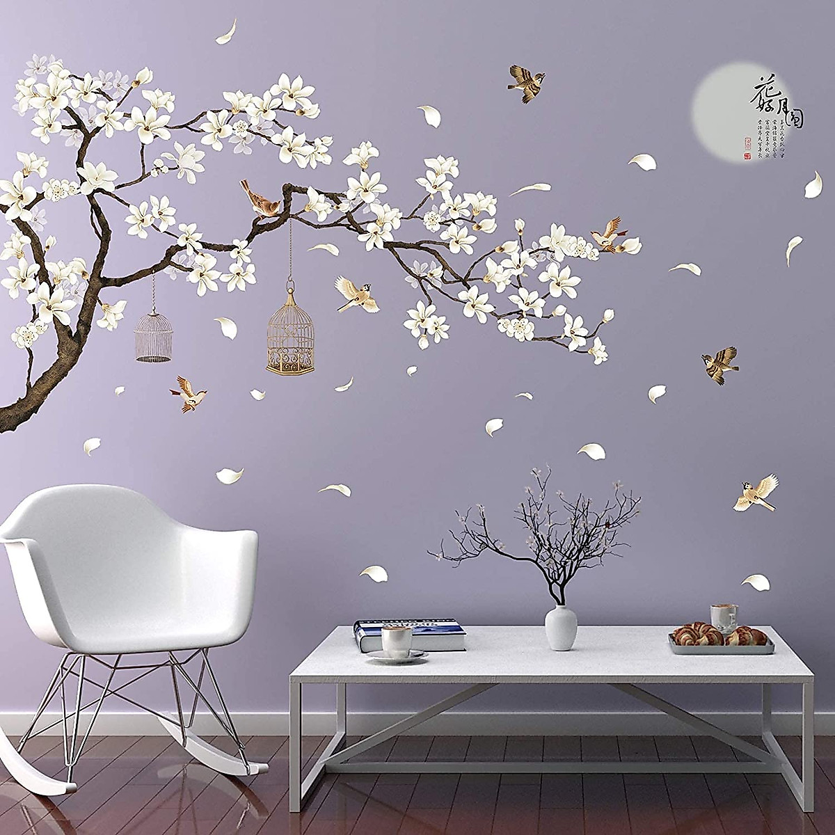 Bienstylife Peach Flower Wall Decals Tree Wall Stickers Peel and Stick Flower Wall Stickers Floral Murals for Living Room TV Background Kids Girls Room Bedroom 4 Sheets of 11.8"x35.4"
