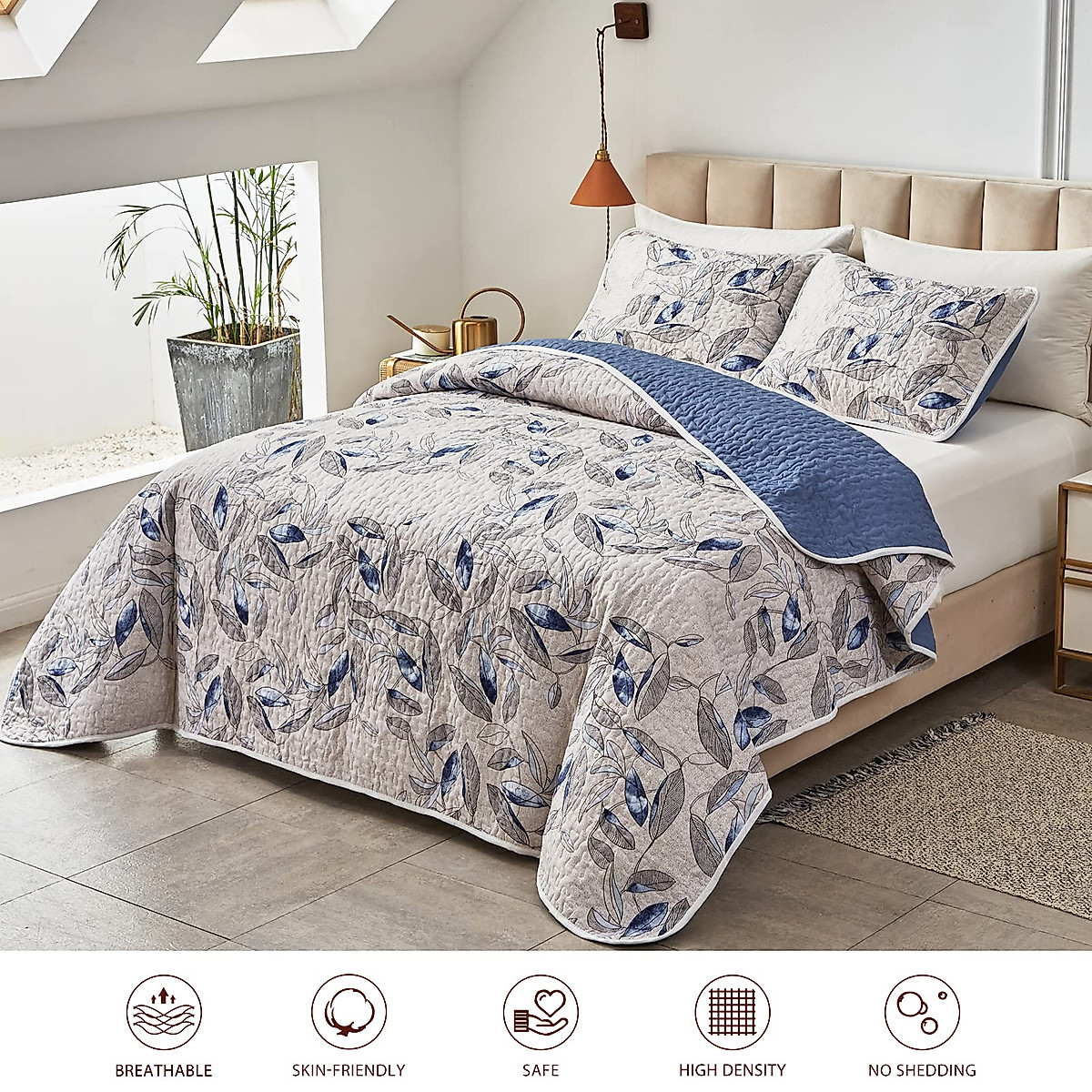 Joyreap 2 Pieces Microfiber Quilt Set, Botanical Blue Leaves on Light Gray Reversible Design, Bedspread Bed Cover for All Season, 1 Quilt and 1 Pillow Sham (Twin, 68x86 inches)