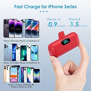Mini Portable Charger 5000mAh for iPhone,Small & Ultra Compact 15W PD Fast Charging Power Bank, LCD Display Battery Pack Compatible with iPhone 14/14 Pro Max/13/13 Pro Max/12/11/XR/X/8/7-Dark Red
