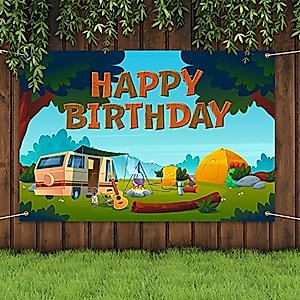 Camping Birthday Backdrop Banner Decorations Happy Camper Tent Themed Bday Background for Boys Girls Men Women Photography Party Decor Supplies