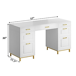 MaverickFurni 57” Executive Desk with 7 Drawers, White Office Desk with Storage Cabinet, File Drawer, Computer Desk for Home Office, Wood Writing Desk, White & Gold