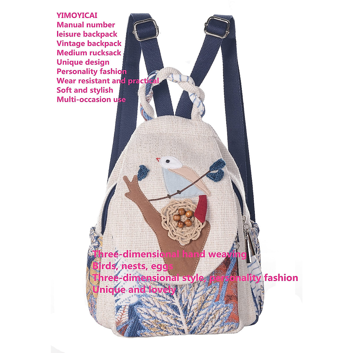 YIMOYICAI Backpack Purse for Women Girl's Convertible Sling Bag Boho Hippie Embroidered Woven Canvas with Woven Cotton Perfect Small Sling Bag Bird's Nest